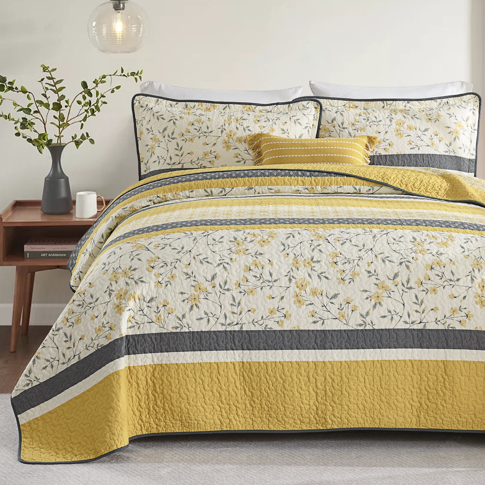 Y-PLWOMEN 100% Cotton Quilt King Size - Yellow Striped Lightweight ...