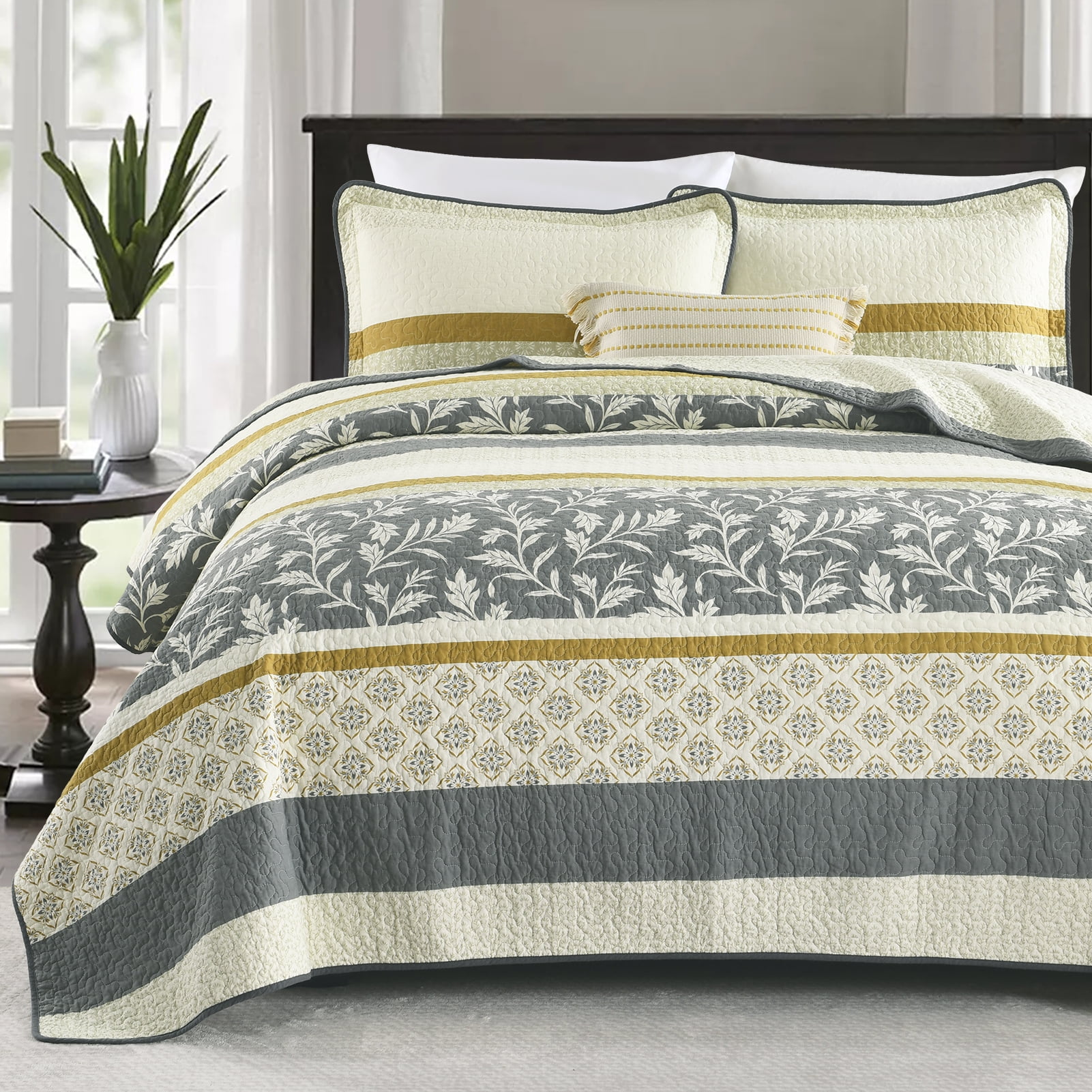 Y-PLWOMEN 100% Cotton Quilt Queen Size - Gray Striped Lightweight Quilt ...