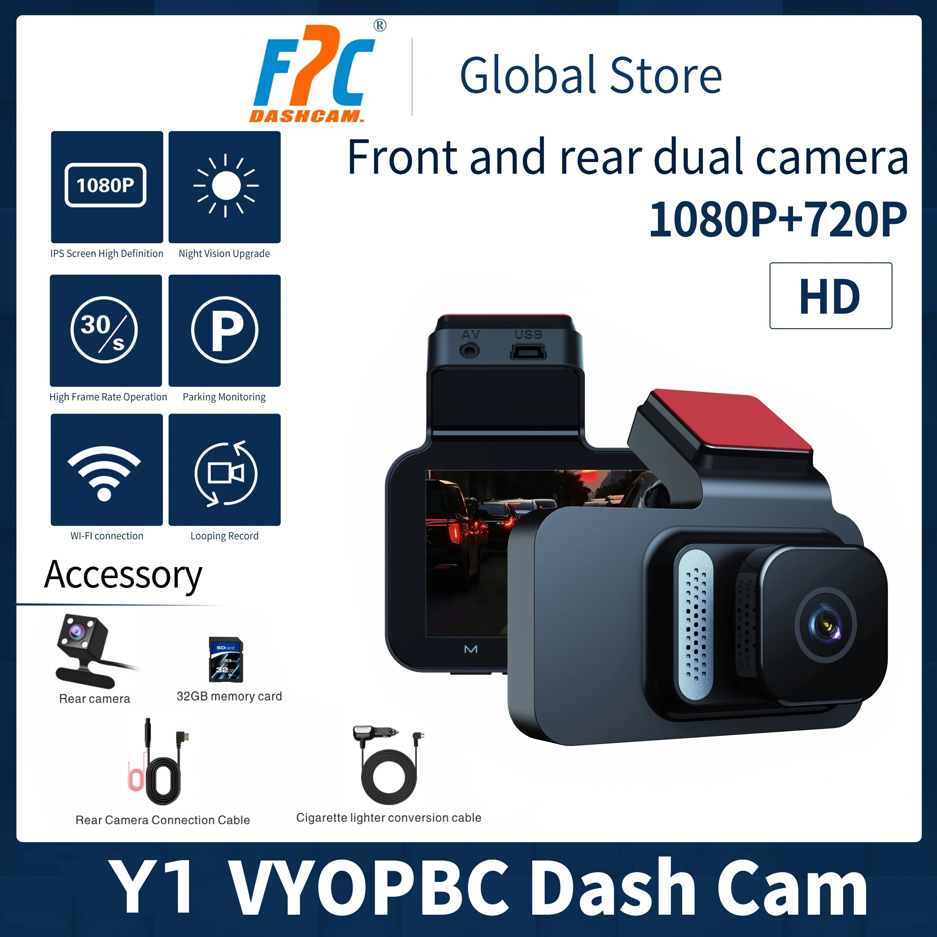 Y1 Car Accessories 3 Inches Display Dash Cam 1080P Full HD, Front and ...