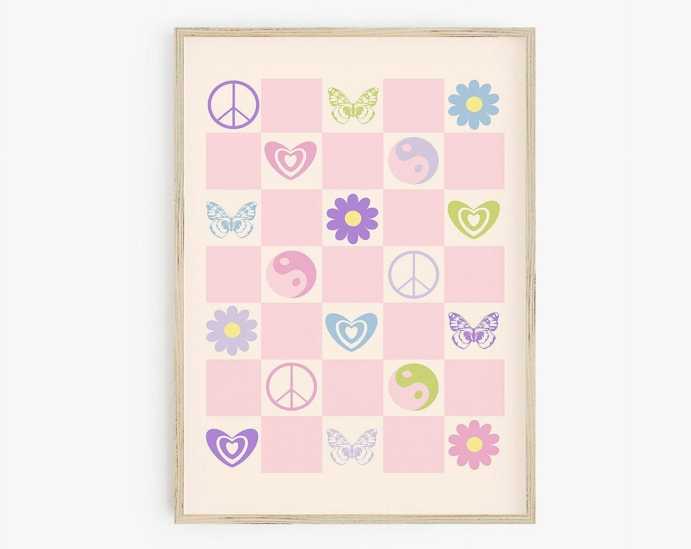 Y2K Checkerboard Print, Peace Sign Flowers Poster Print, Retro Checkers ...