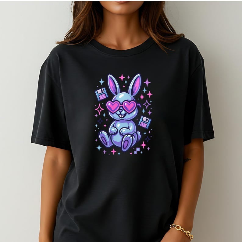 Y2K Chrome Bunny Shirt Retro Cyber Rabbit With Pixel Heart Glasses Cute ...