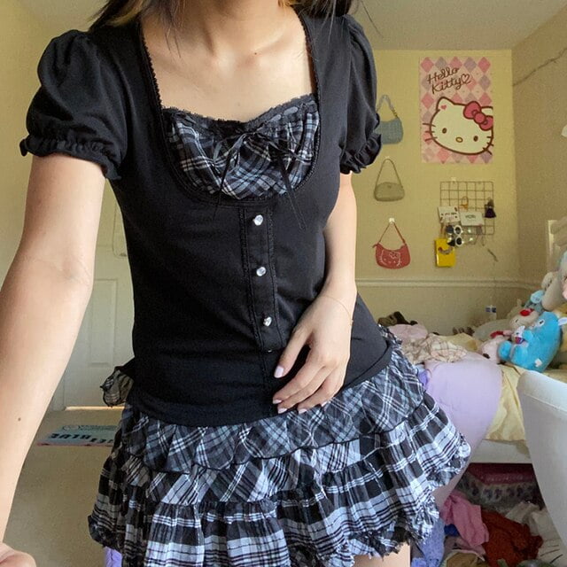 Y2k Fairycore Grunge Milkmaid Top Retro Aesthetic Kawaii Lace Trim Crop