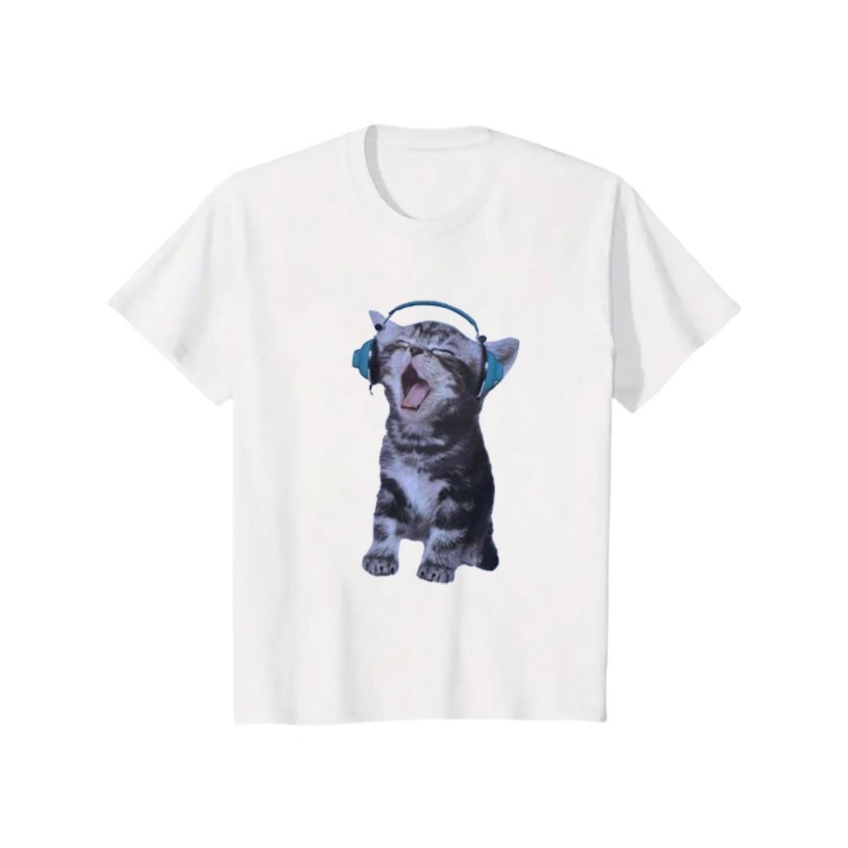 Y2K Headphones Cat T-Shirt, Silly Cat Meme Tee, Unisex Graphic Tees ...