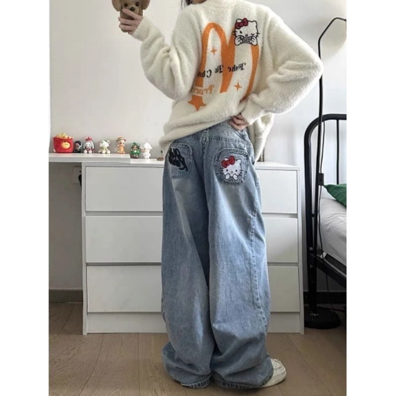 Y2K Hello Kitty Jeans Wide Leg Pants Sanrio Cartoon Women Straight Leg ...