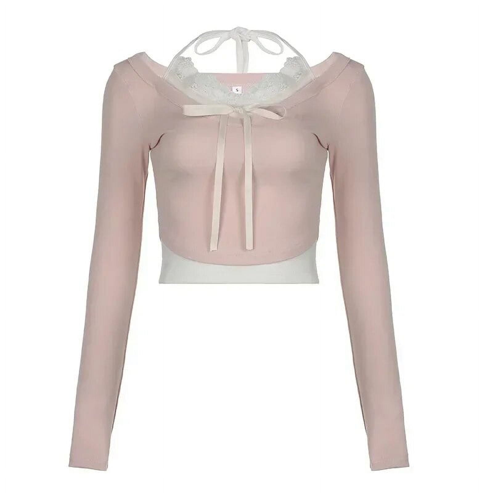 Y2K Lace Patchwork Contrast Color Cropped Top Pink Korean Style Slim ...