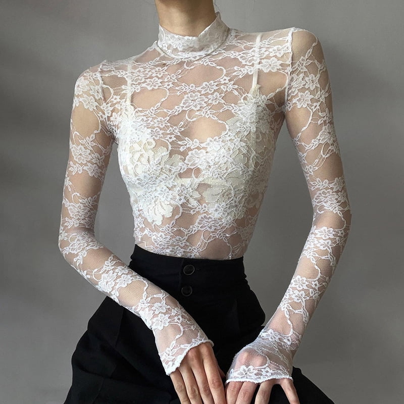 Y2K Lace T-Shirt Women White See Through Turtleneck Crop Top Y2K Lace T-Shirt Women White See Through Turtleneck Crop Top