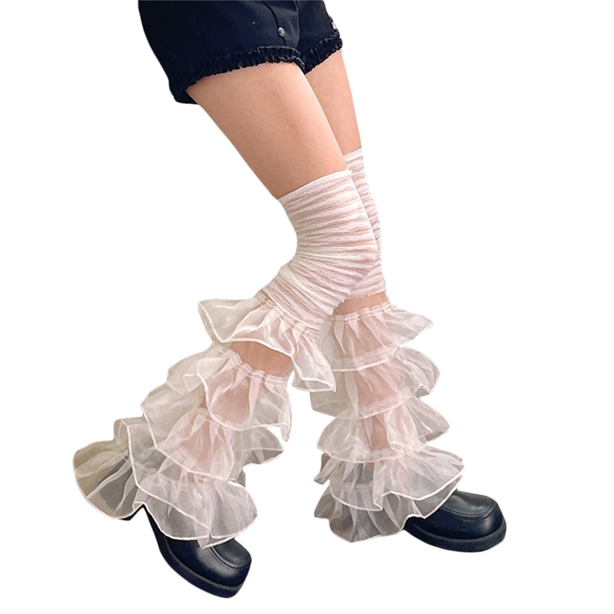 Y2K Leg Warmers for Women Ruffled Lace Patchwork Long Thigh High Socks ...