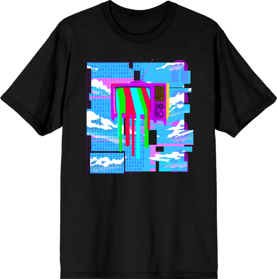 Y2K Tech Glitch, Melting TV Screen, Binary Code, and Cloudy Blue Sky Adult Black Crew Neck Short ...