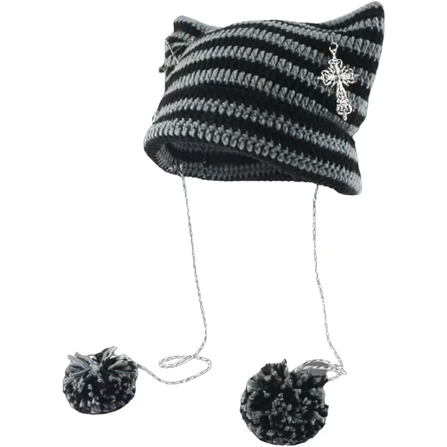 Y2k Beanies Crochet Knitted Cat Hats Vintage Goth Cross Cute Devil Hat ...