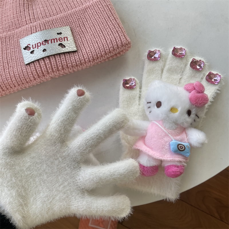 Y2k Hello Kitty Gloves Sanrio Cartoon Women Plush Diamond Doll Warm ...