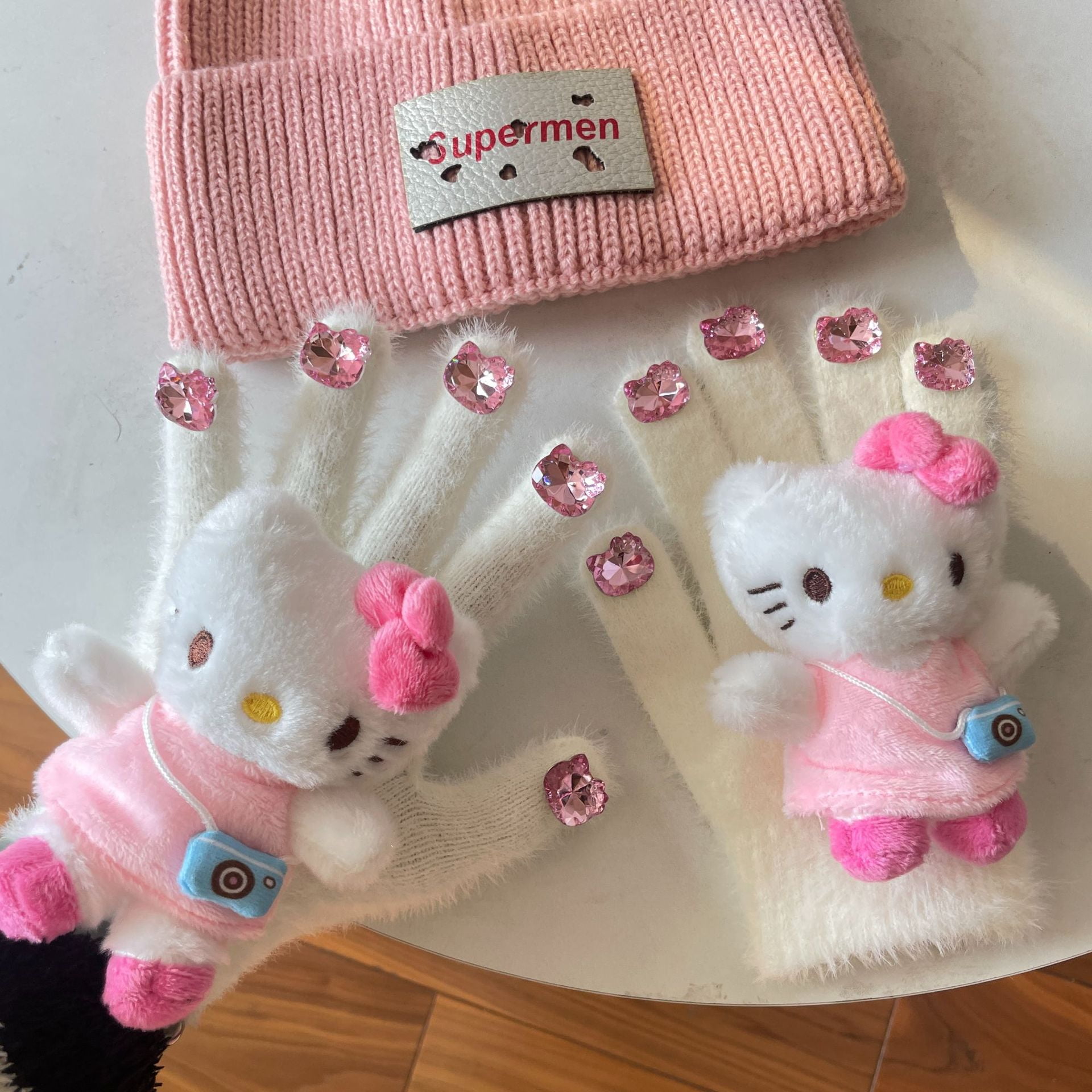 Y2k Hello Kitty Gloves Sanrio Cartoon Women Plush Diamond Doll Warm ...