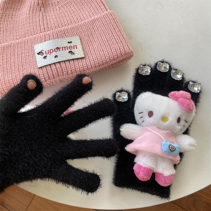 Y2k Hello Kitty Gloves Sanrio Cartoon Women Plush Diamond Doll Warm ...