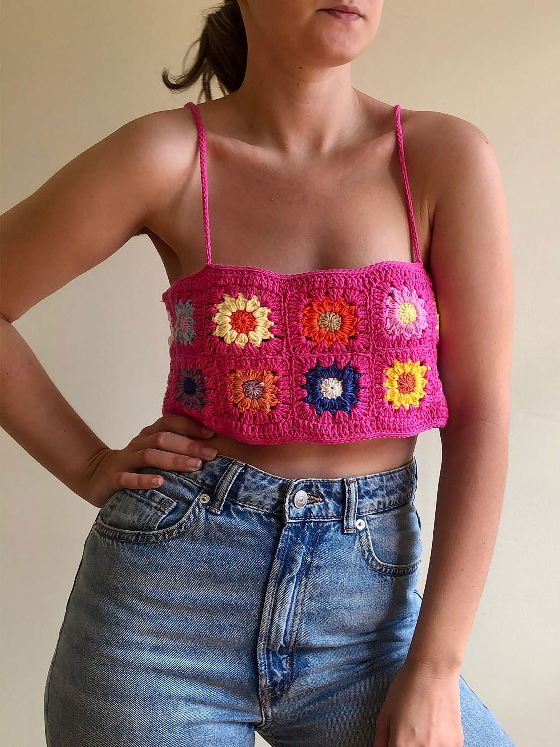 Y2k Knit Crochet Crop Top Top Floral Spaghetti Straps Backless Flowers