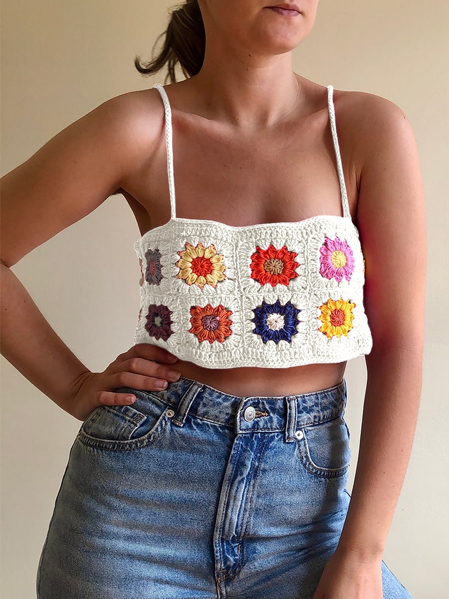 Y2k Knit Crochet Crop Top Top Floral Spaghetti Straps Backless Flowers