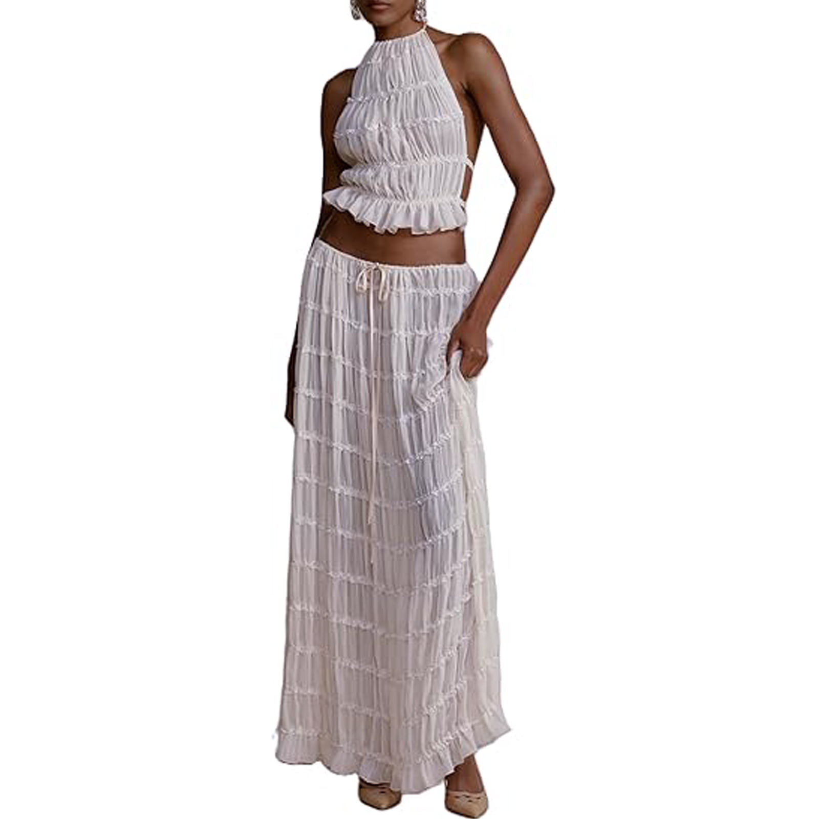 Y2k Sets 2 Piece Outfit for Women Sleeveless Ruched Halter Cami Tops ...