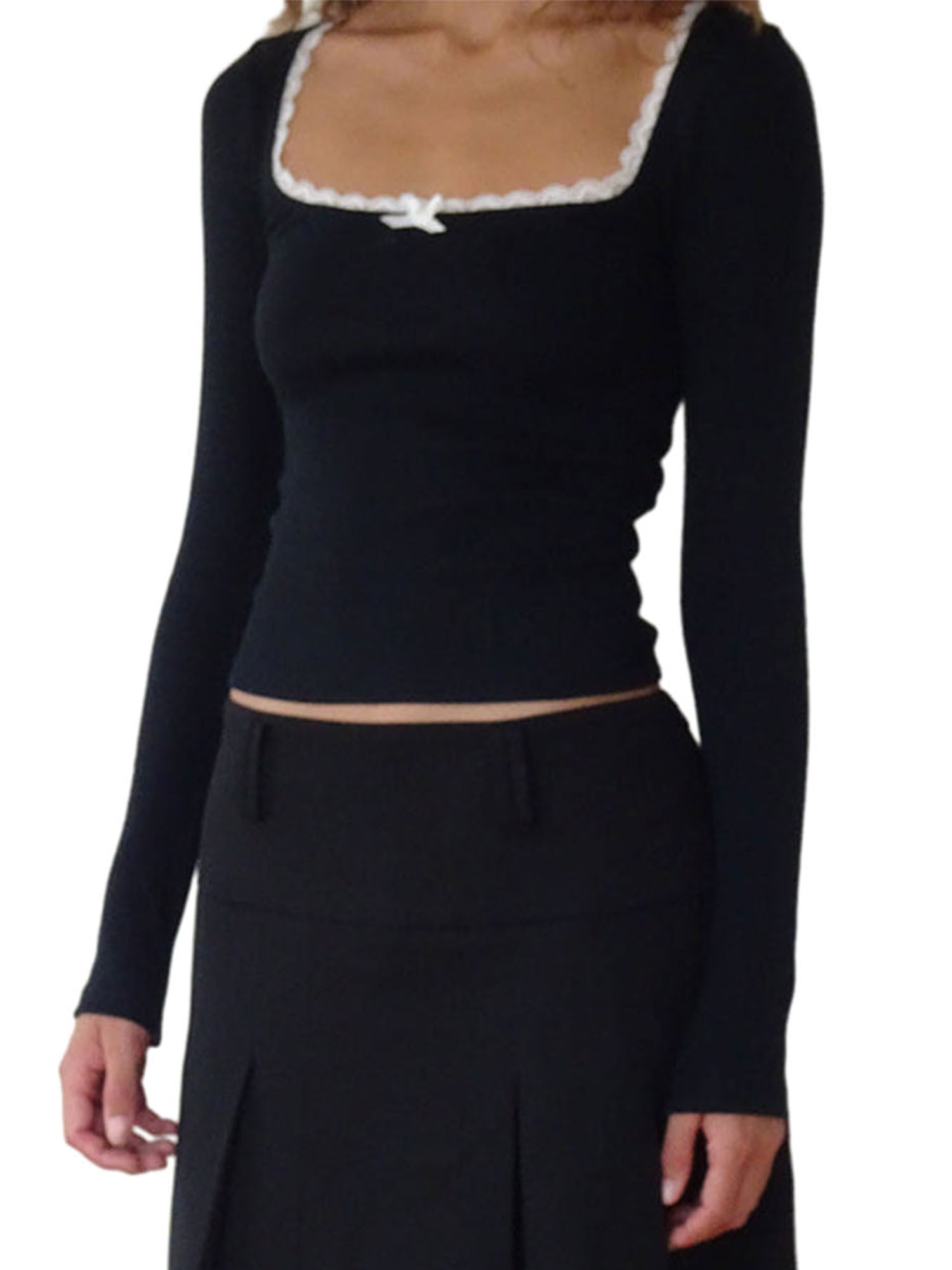 Y2k Square Neck T-Shirts Long Sleeve Slim Fit Crop Top Women Lace Trim ...