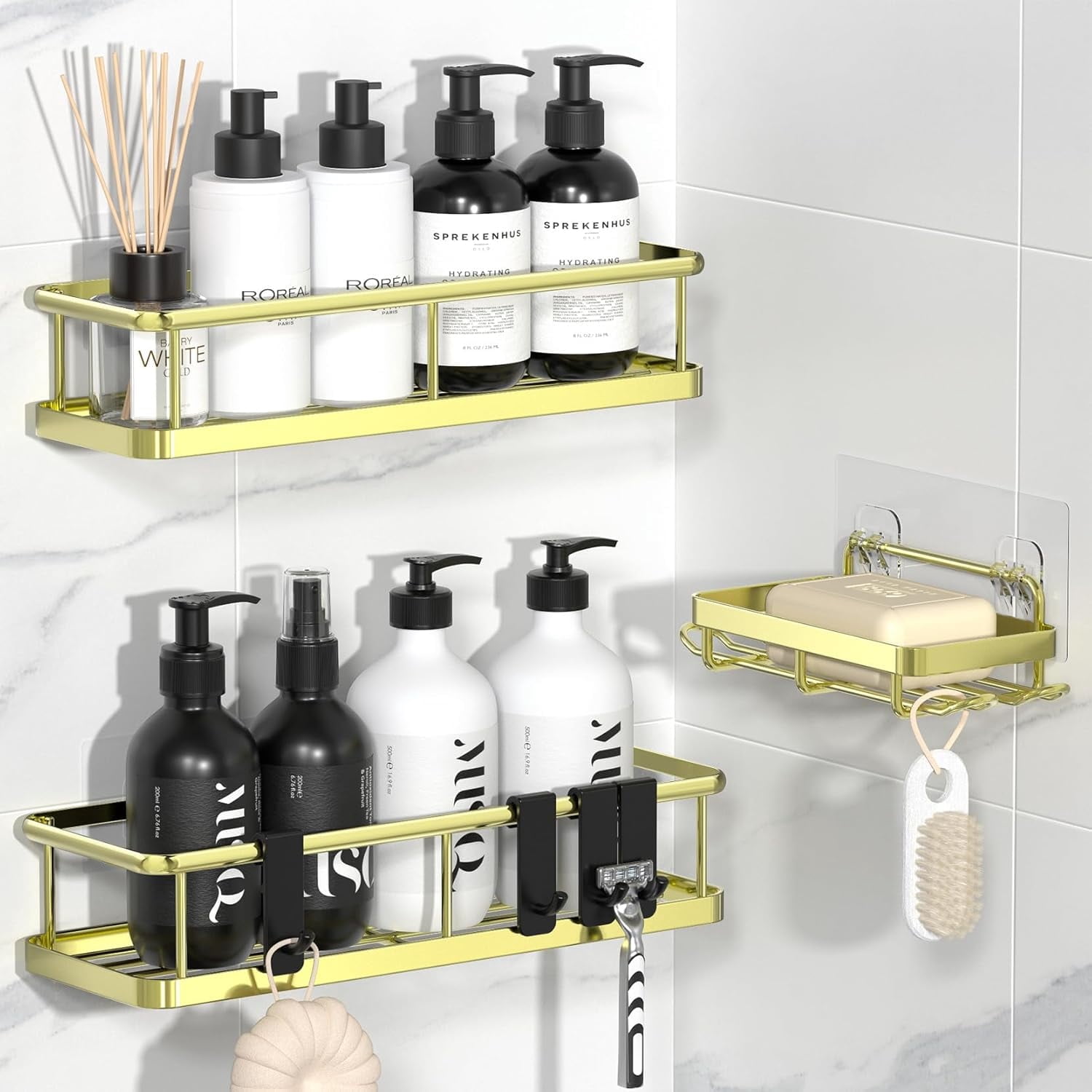 Y3-Pack Gold Adhesive Shower Caddy Set - No Drill Rustproof Bathroom ...