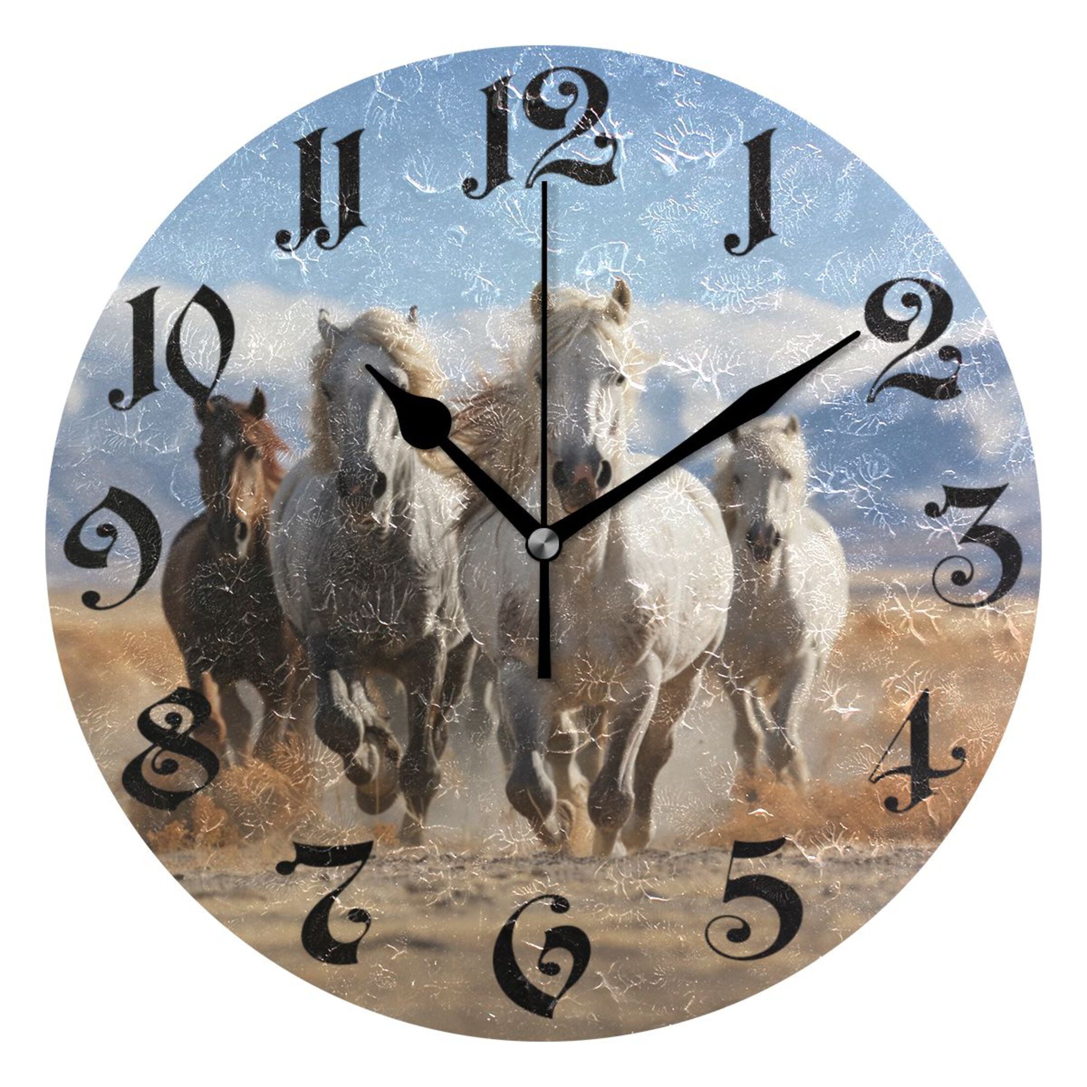 Y999 10” Silent Non-Ticking Horse Wall Clock with Rustic PVC Frame for ...