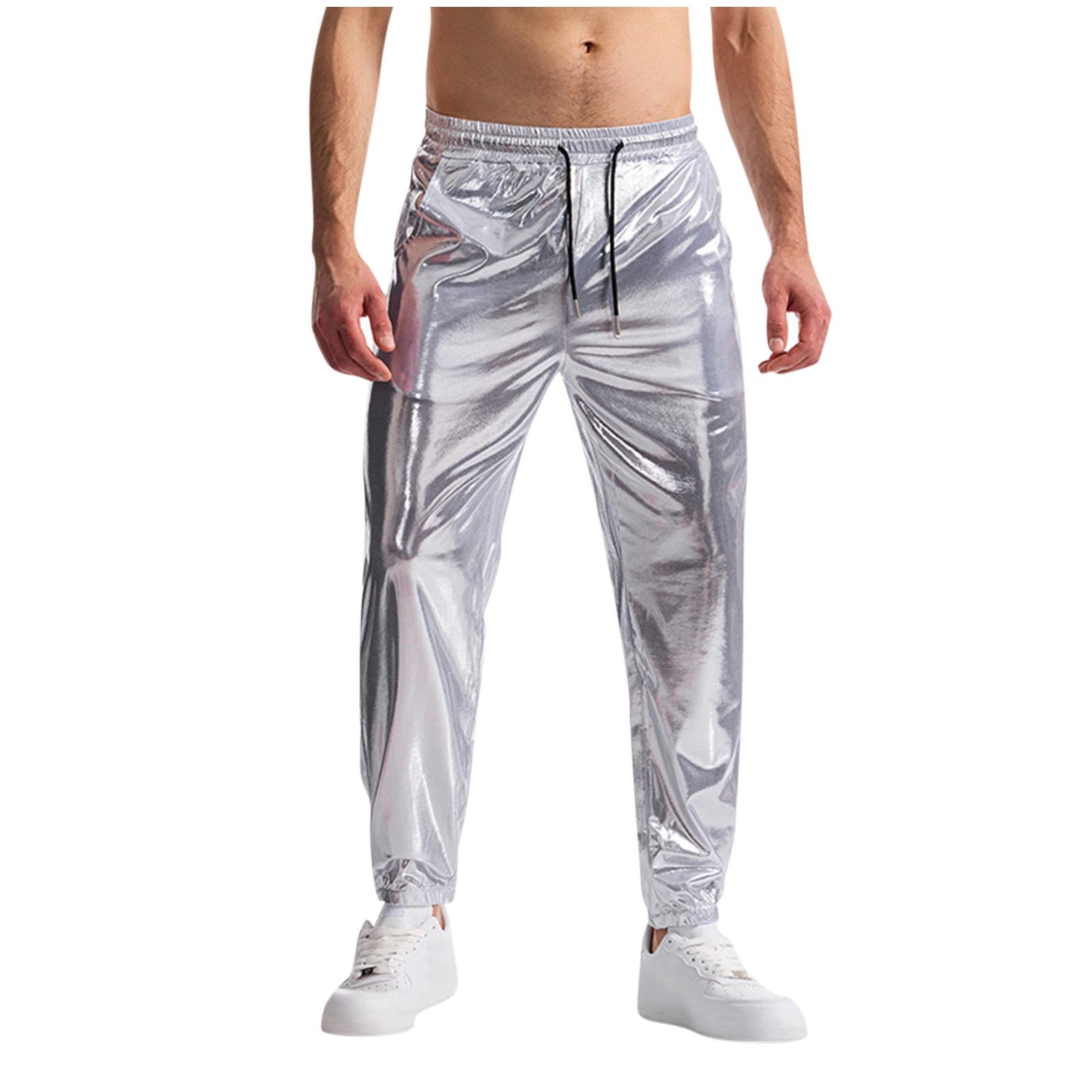 YABCSAZ Mens Gold Metallic Shiny Pants Night Club Pants Elastic Waist ...