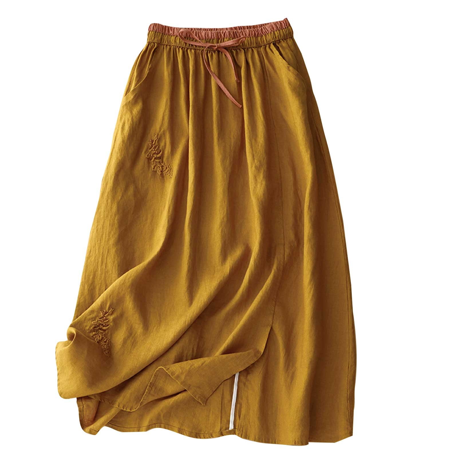 YABCSAZ Skirts for Women Cotton Linen Retro High Elastic Waist Pleated ...