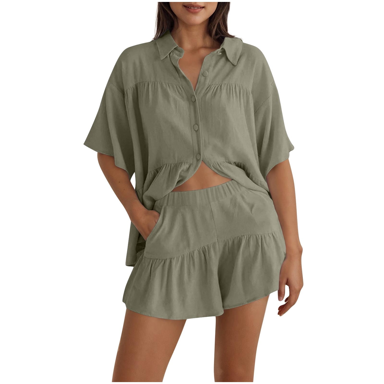 YABCSAZ Women's Two Piece Sets Lounge Sets Shorts Sleeve Button Down ...