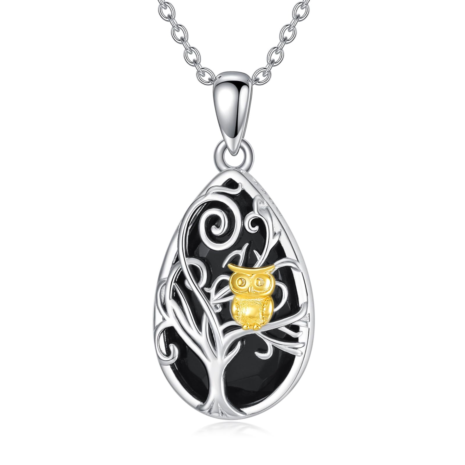 YAFEINI Owl Tree of Life Necklace Sterling Silver Black Tourmaline ...