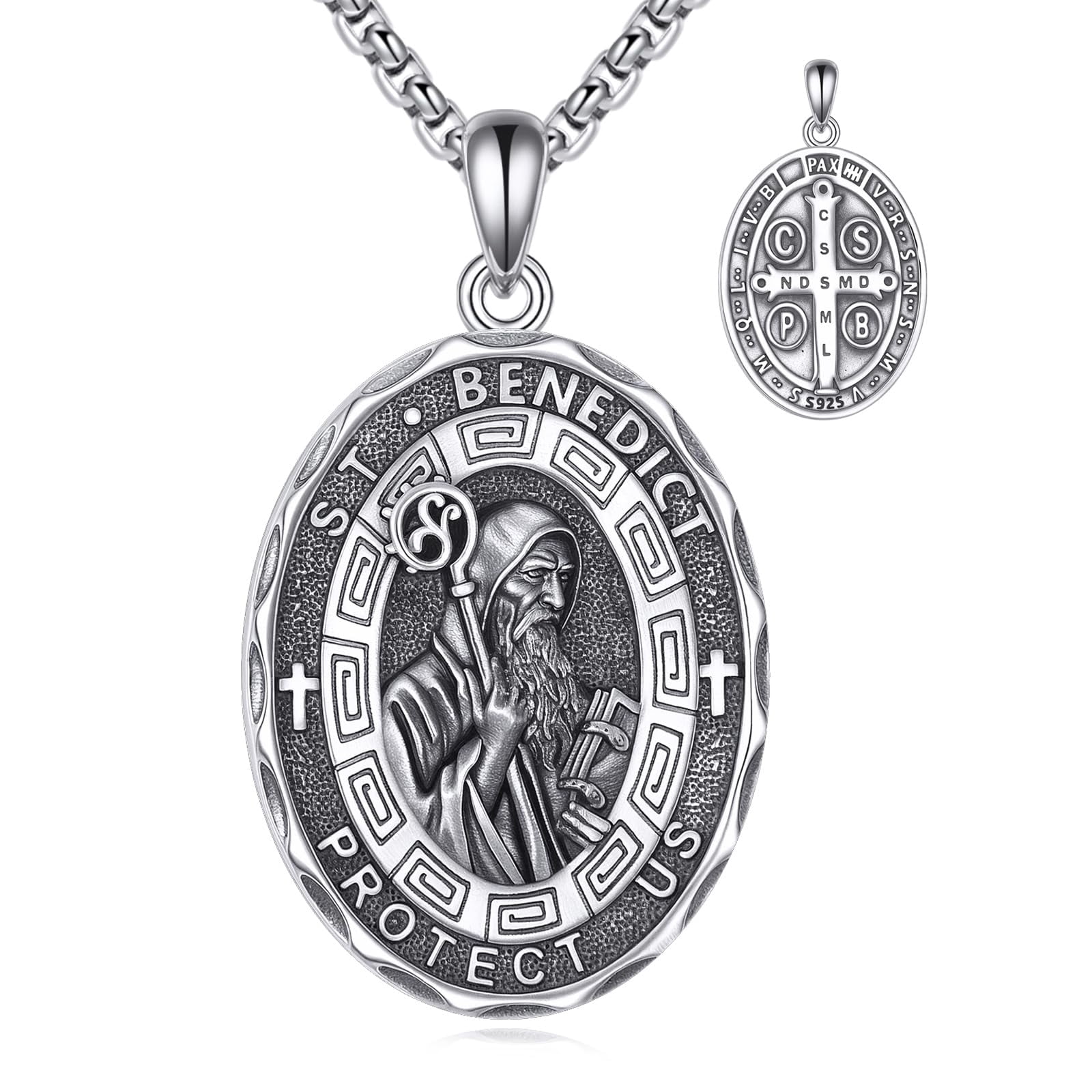 YAFEINI Saint Benedict Necklace Sterling Silver Religious Protector ...