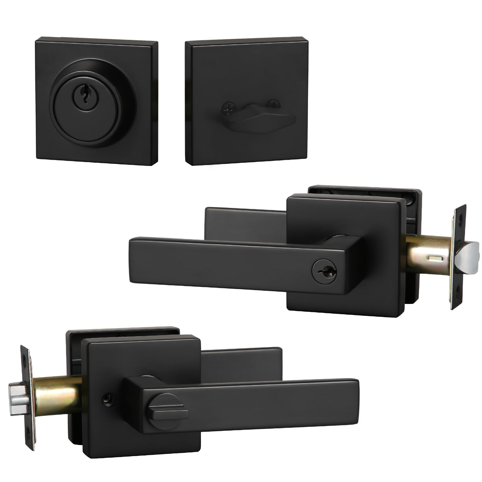 YAGU Contemporary Square Entry Lever Door Handle and Single Cylinder Deadbolt Locking Lever ...