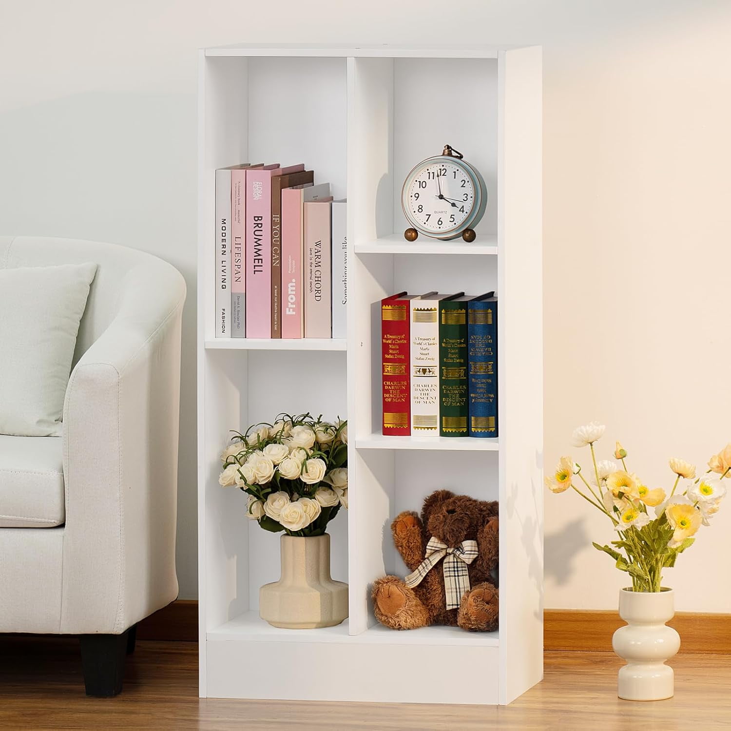 YAHARBO 5 Cube White Bookshelf,Small Modern Horizontal Bookcase,Wood ...