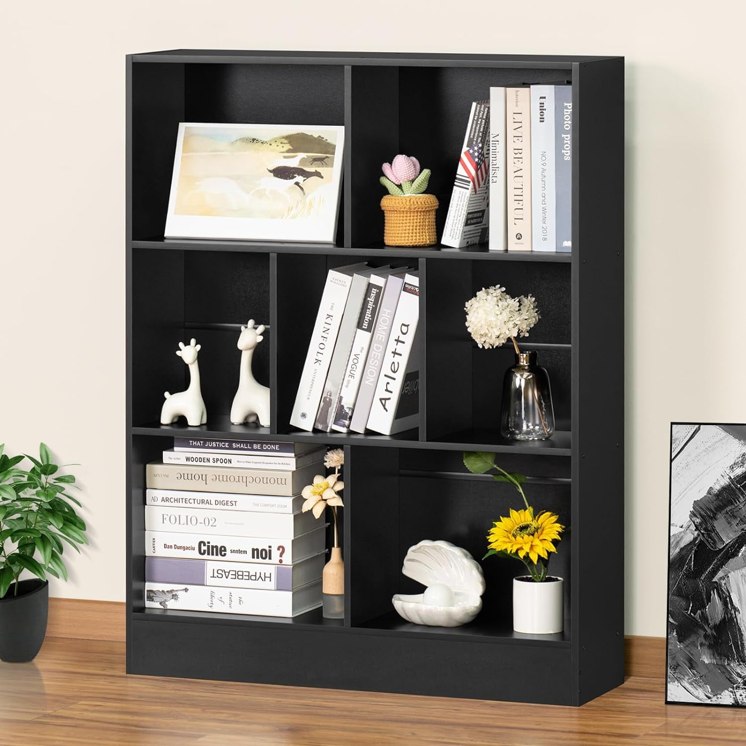 YAHARBO Black 7 Cube Bookshelf,3 Tier Modern Horizontal Bookcase,Wooden ...