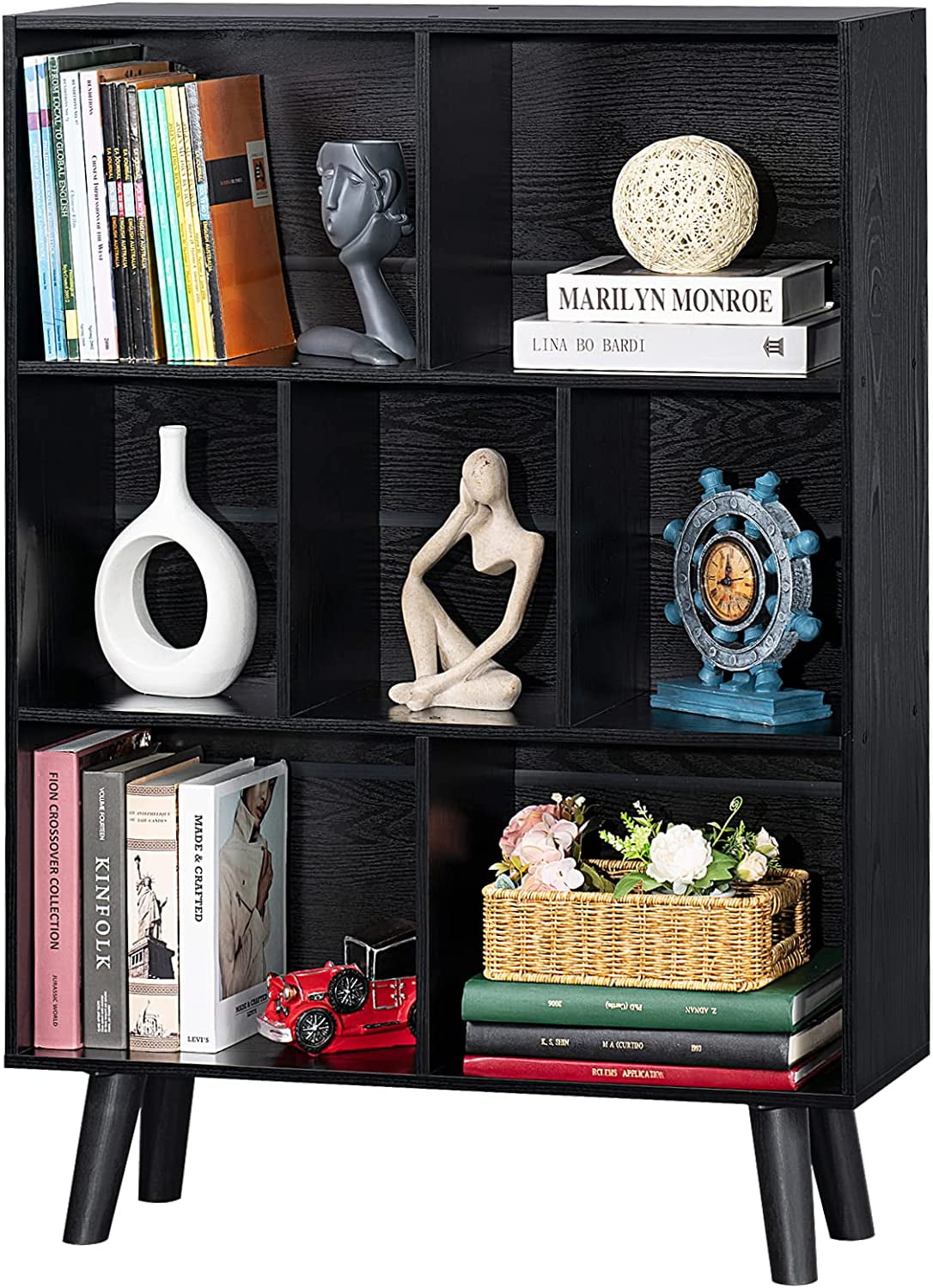 YAHARBO Black Bookshelf 3 Tier Modern Bookcase with Legs Bookshelves ...