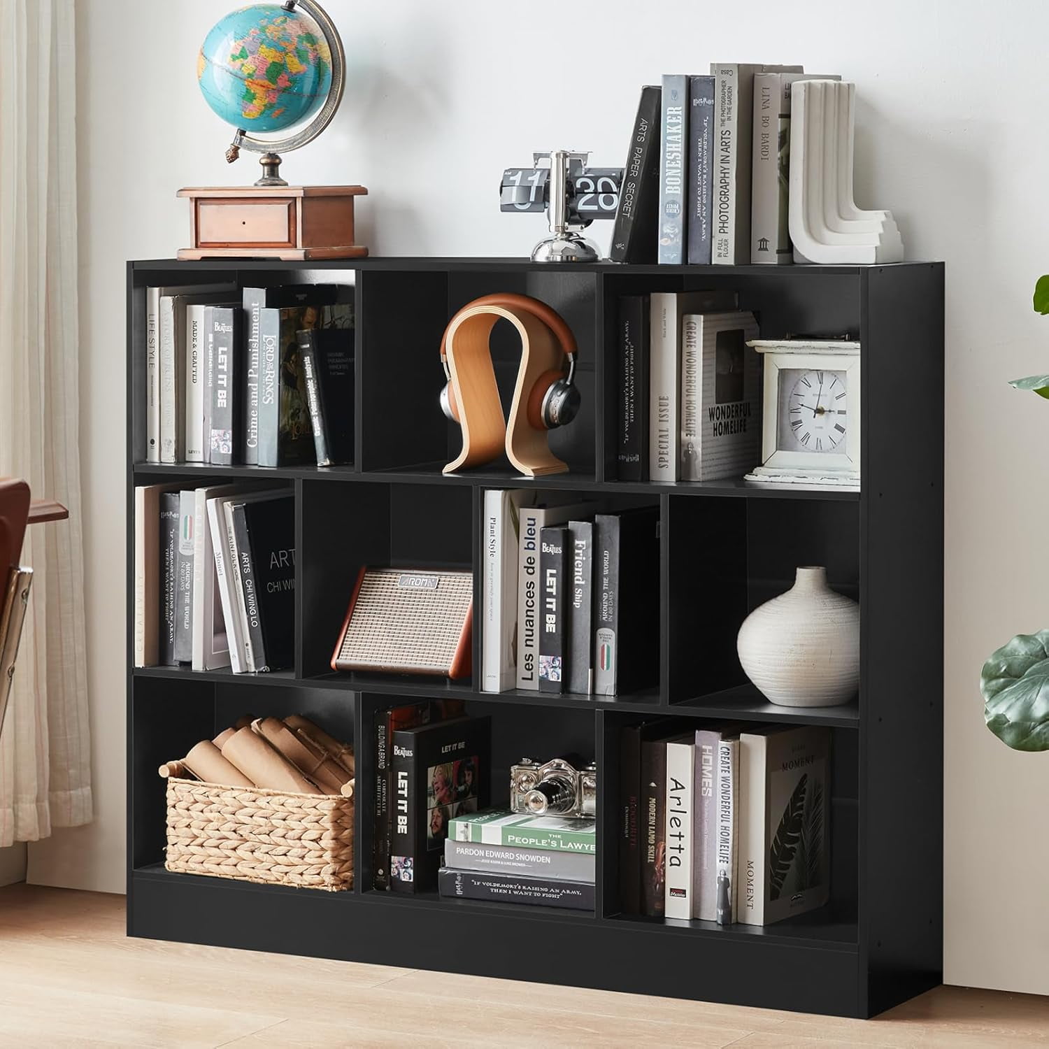 YAHARBO Black Wide Bookshelf,3 Tier Modern Horizontal Bookcase,Wood Low ...
