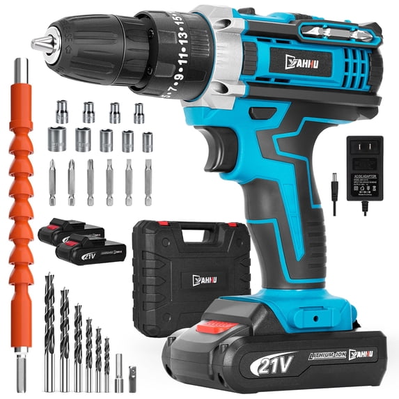 YAHHU 21V Cordless Drill Kit, 3/8" Keyless Chuck, Dual Speed Adjustable ...
