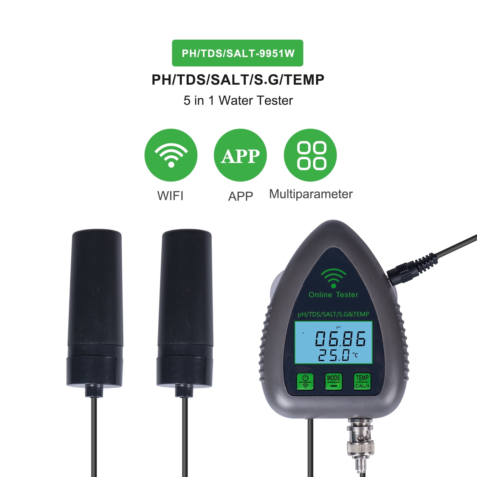 YAHHU 5 in 1 Digital Water Quality Tester Bluetooth WiFi pH TDS Salt SG ...