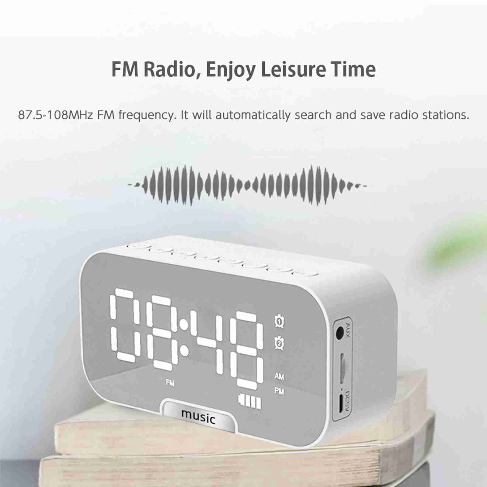 YAHHU White 4-in-1 Digital Mirror Surface Alarm Clock BT Speaker FM ...