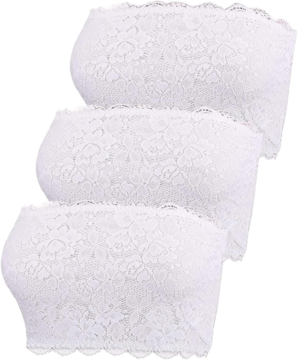 YAKEFJ 3 Pcs Women Lace Strapless Bandeau Bra Seamless Stretchy No ...