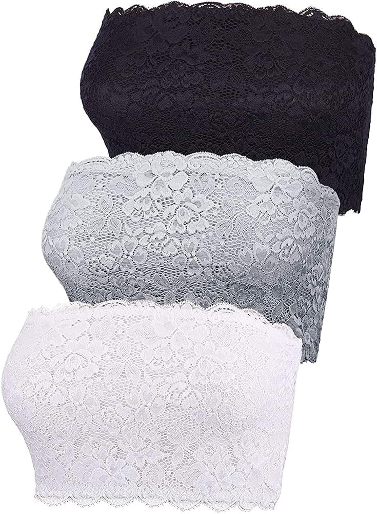 YAKEFJ 3 Pcs Women Lace Strapless Bandeau Bra Seamless Stretchy No ...