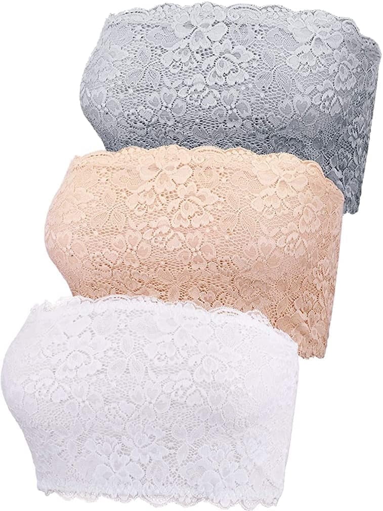 YAKEFJ 3 Pcs Women Lace Strapless Bandeau Bra Seamless Stretchy No ...