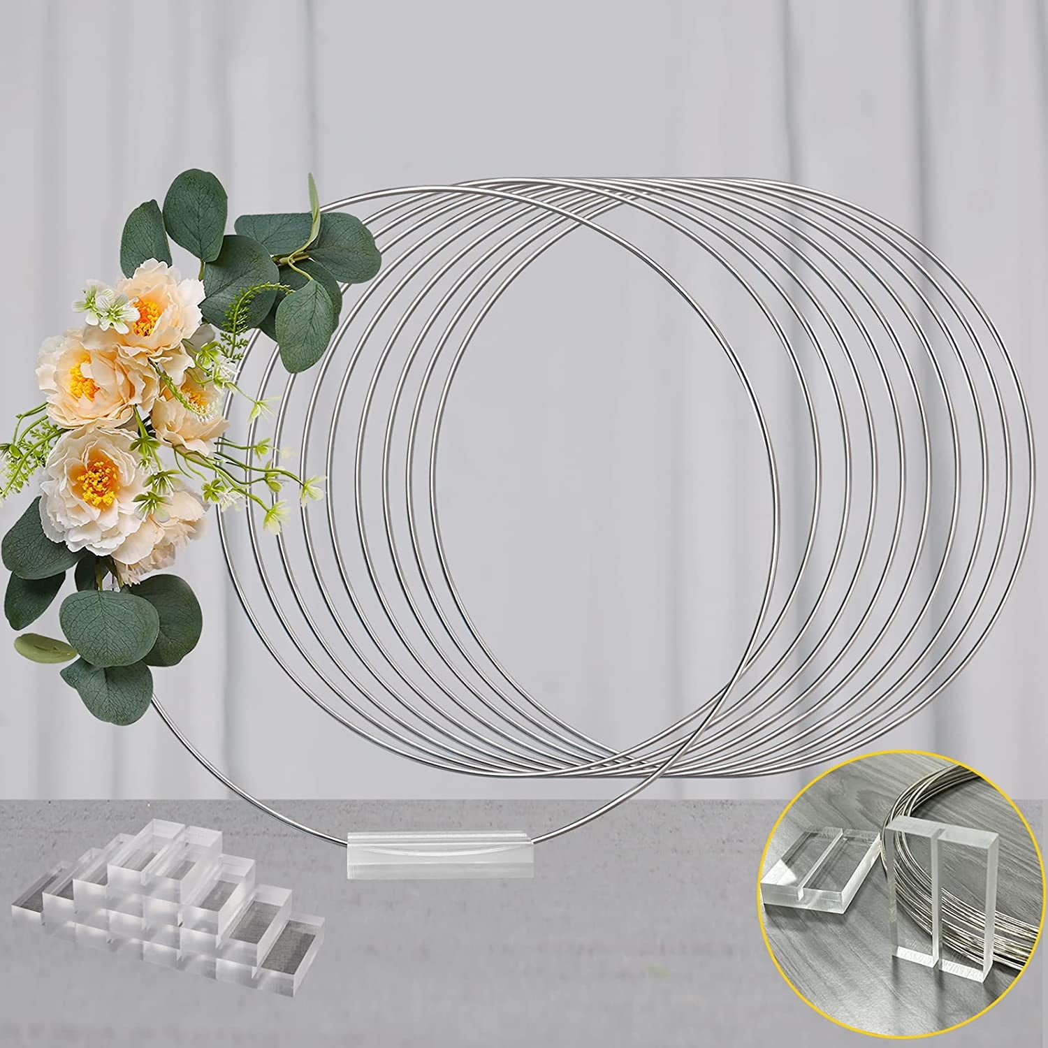 YALLOVE 10 PCS 12 Inch Floral Hoop Table Centerpiece, Silver Metal ...