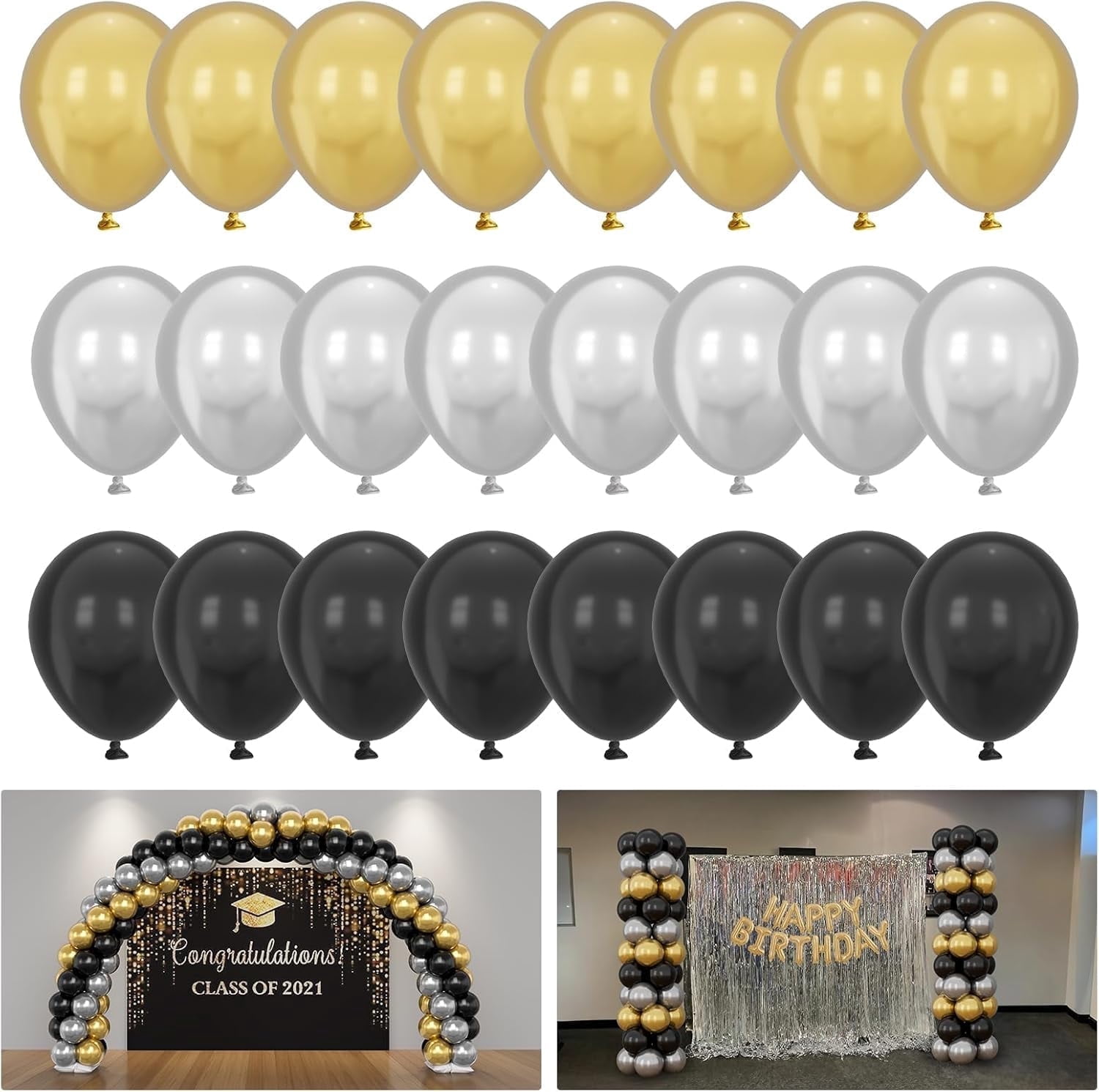YALLOVE 114 Pack Latex Balloon Sets, 10 in Gold, Silver, and Black ...