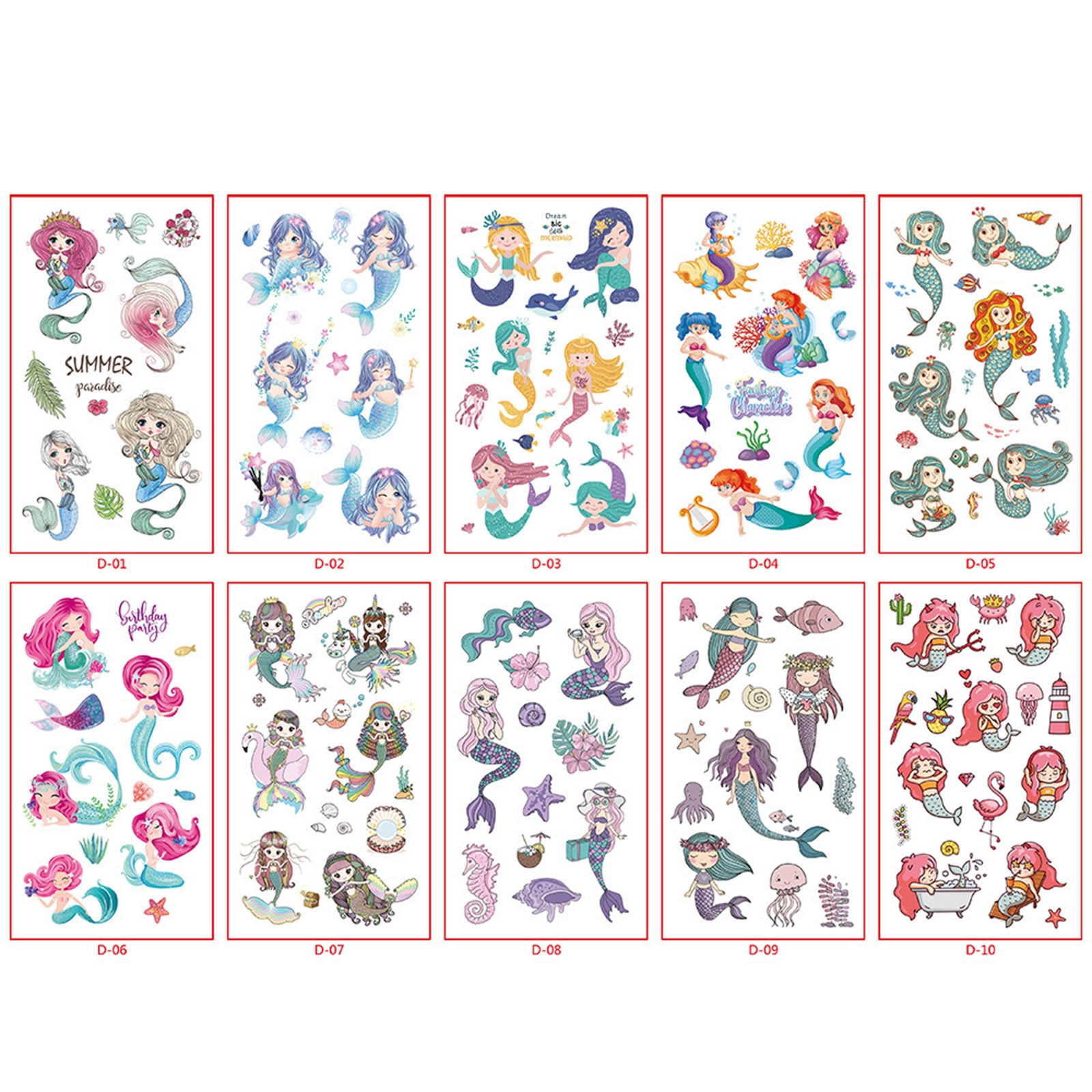 YAMB Tattoos for Kids,10 Sheets Mermaid Series Mixed Styles Temporary ...