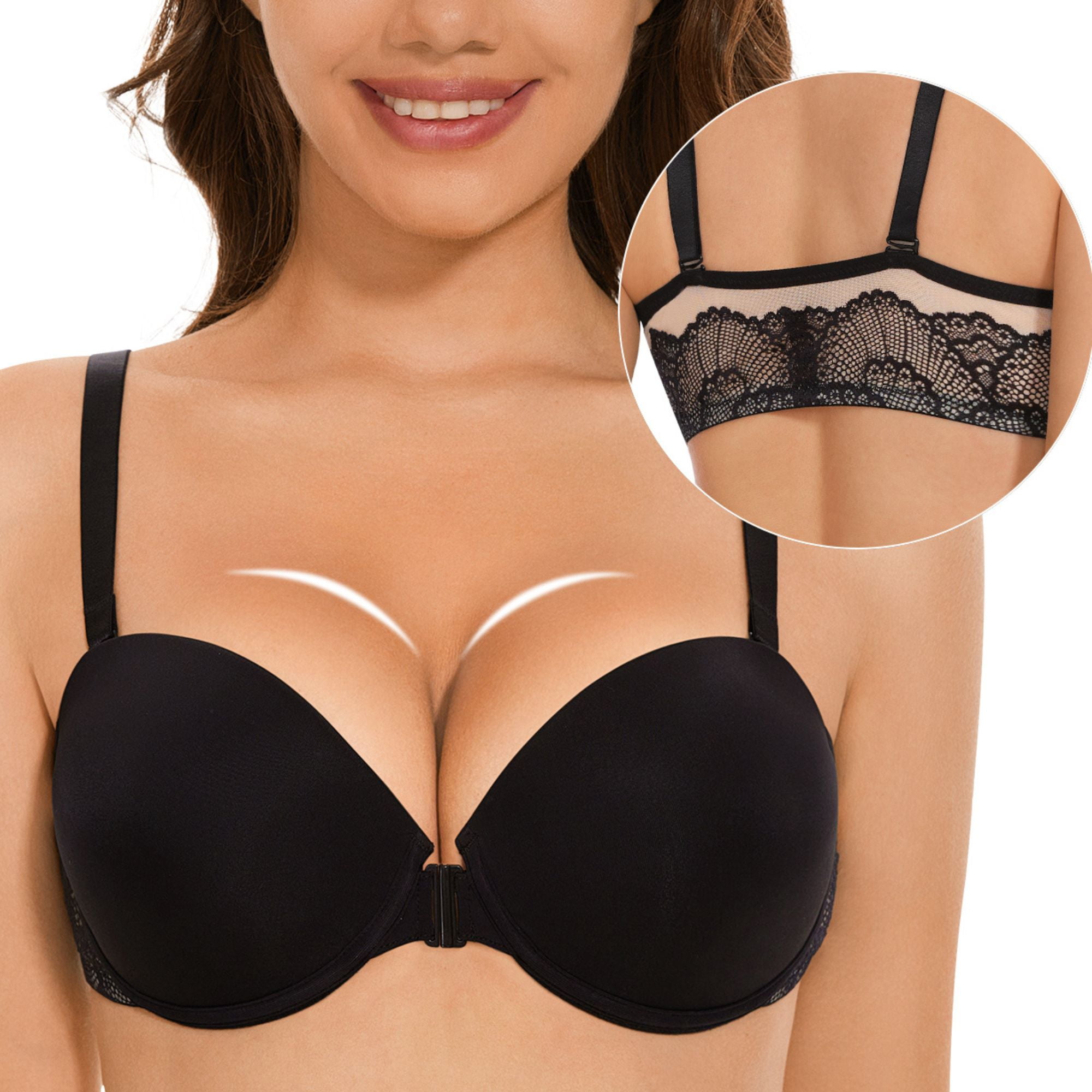 YANDW Front Closure Push Up Bras for Women Lace Racerback Thick Padded Demi Cup Underwire T ...