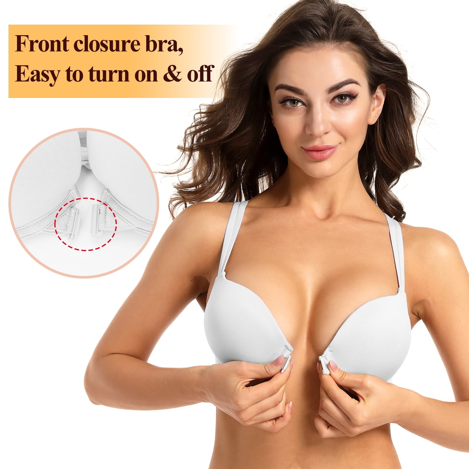 YANDW Front Closure Push-up Bra Strappy Thick Padded Cross Back Add 2 Cup Plunge Underwire Bras ...