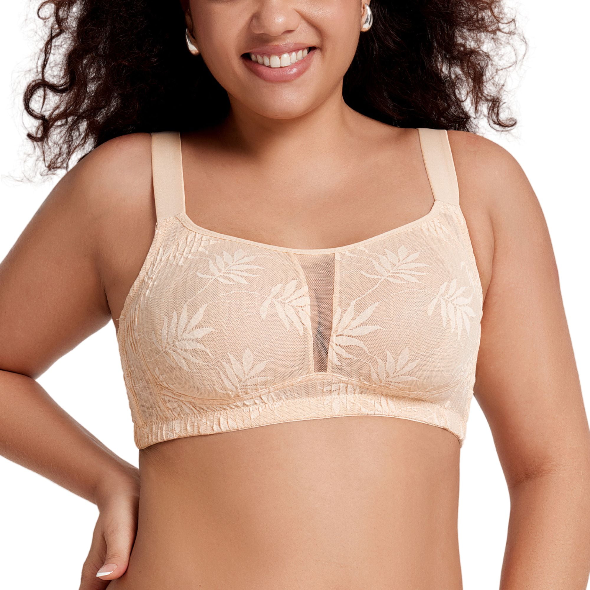YANDW Full Coverage Wirefree Bras for Women Unlined Plus Size Lace Minimizer Bralette, Beige 38F ...