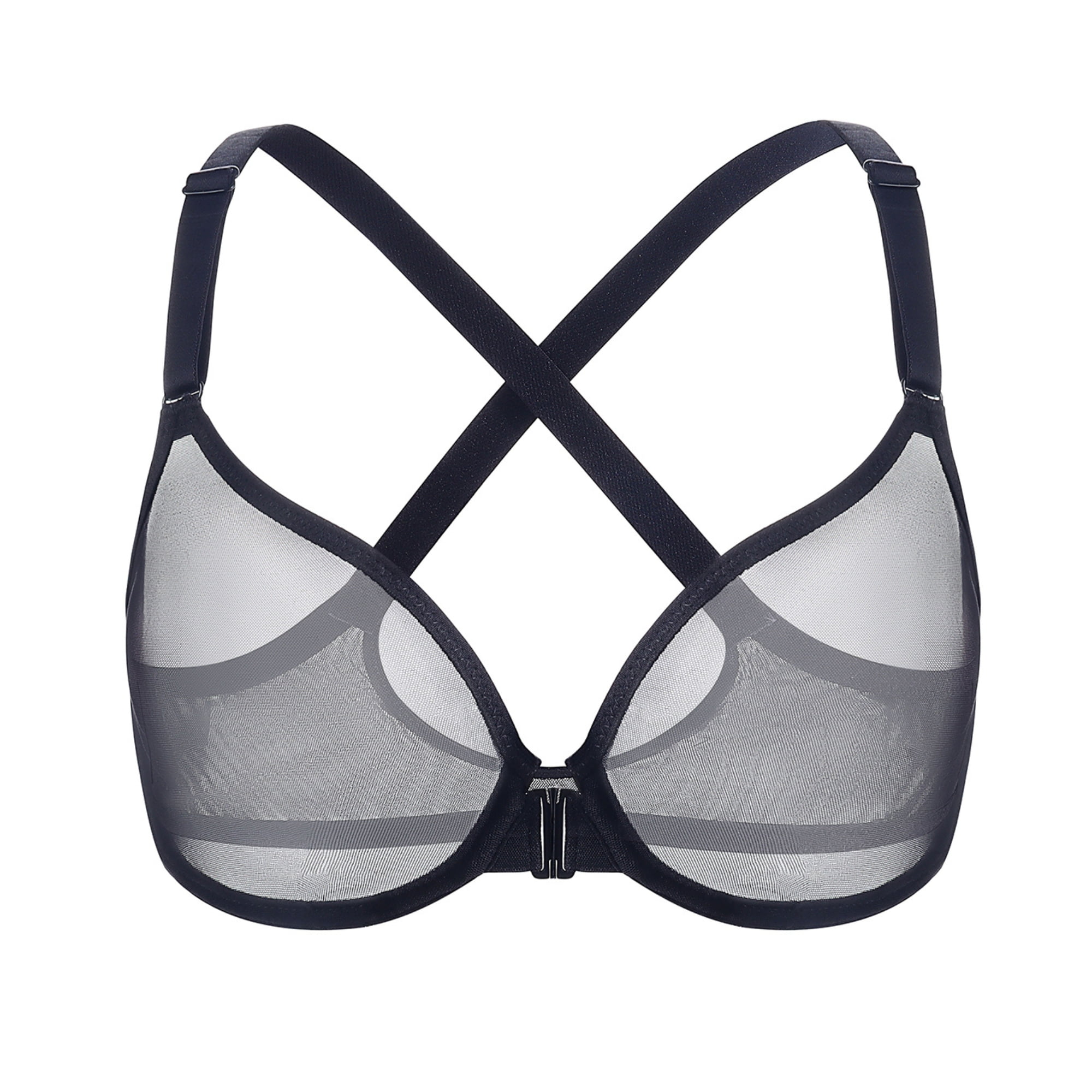 YANDW Women's Front Closure Sheer Mesh Bra Racerback See Through Unlined Plus Size Bralette ...