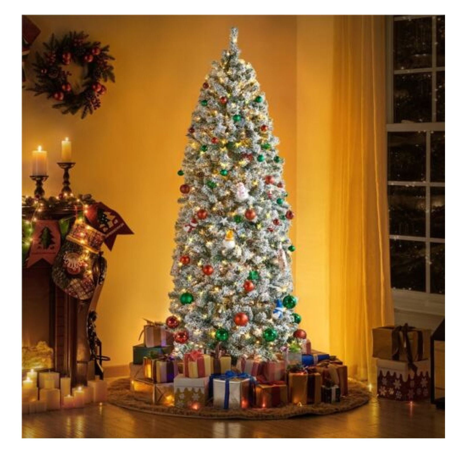 YANFEN 6Ft/7.5Ft/9Ft Prelit Pencil Christmas Tree Snow Flocked Artificial Tree w/Stand, Pink ...