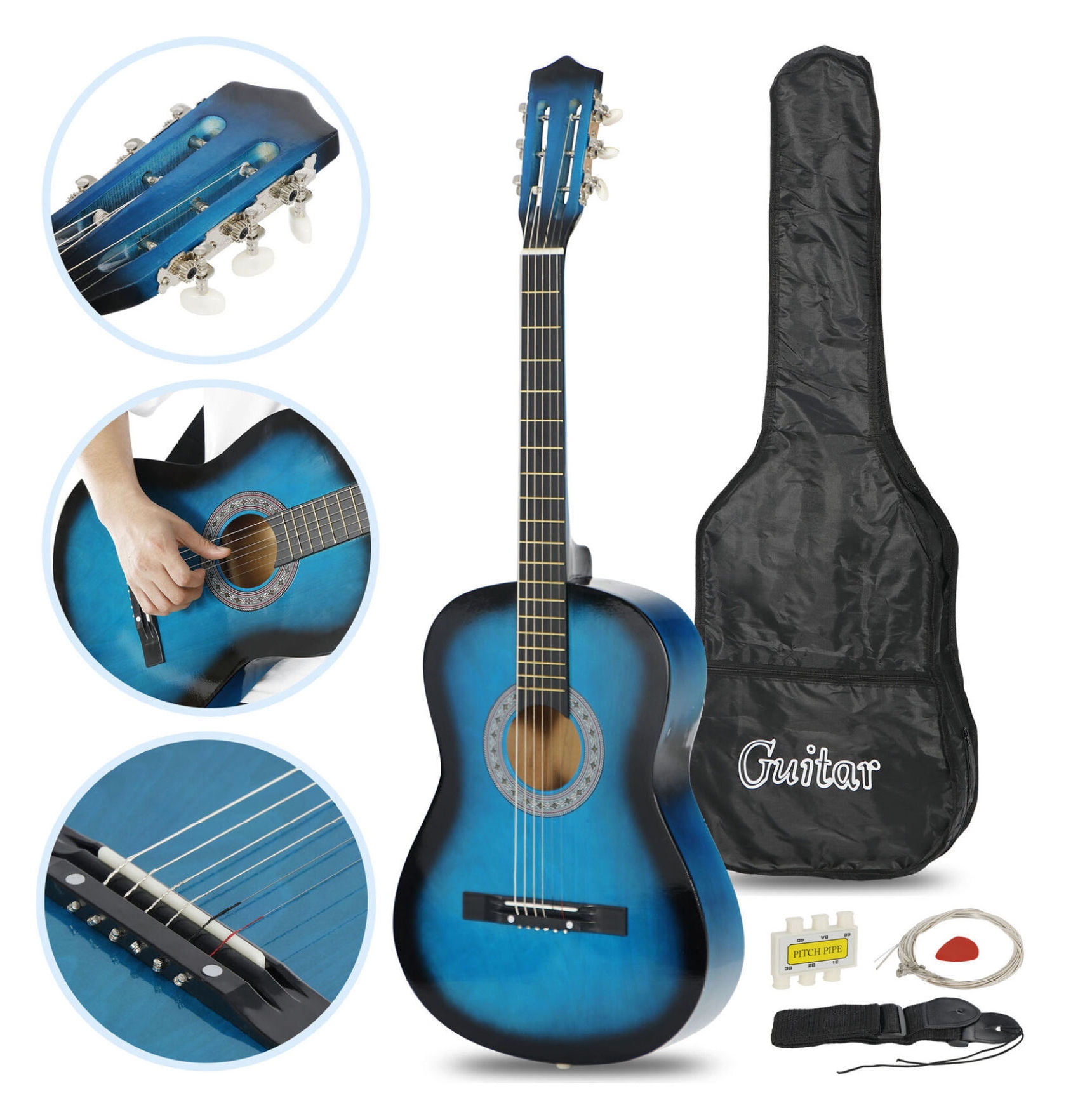 YANFEN Blue Beginners Acoustic Guitar With Guitar Case, Strap, Tuner ...