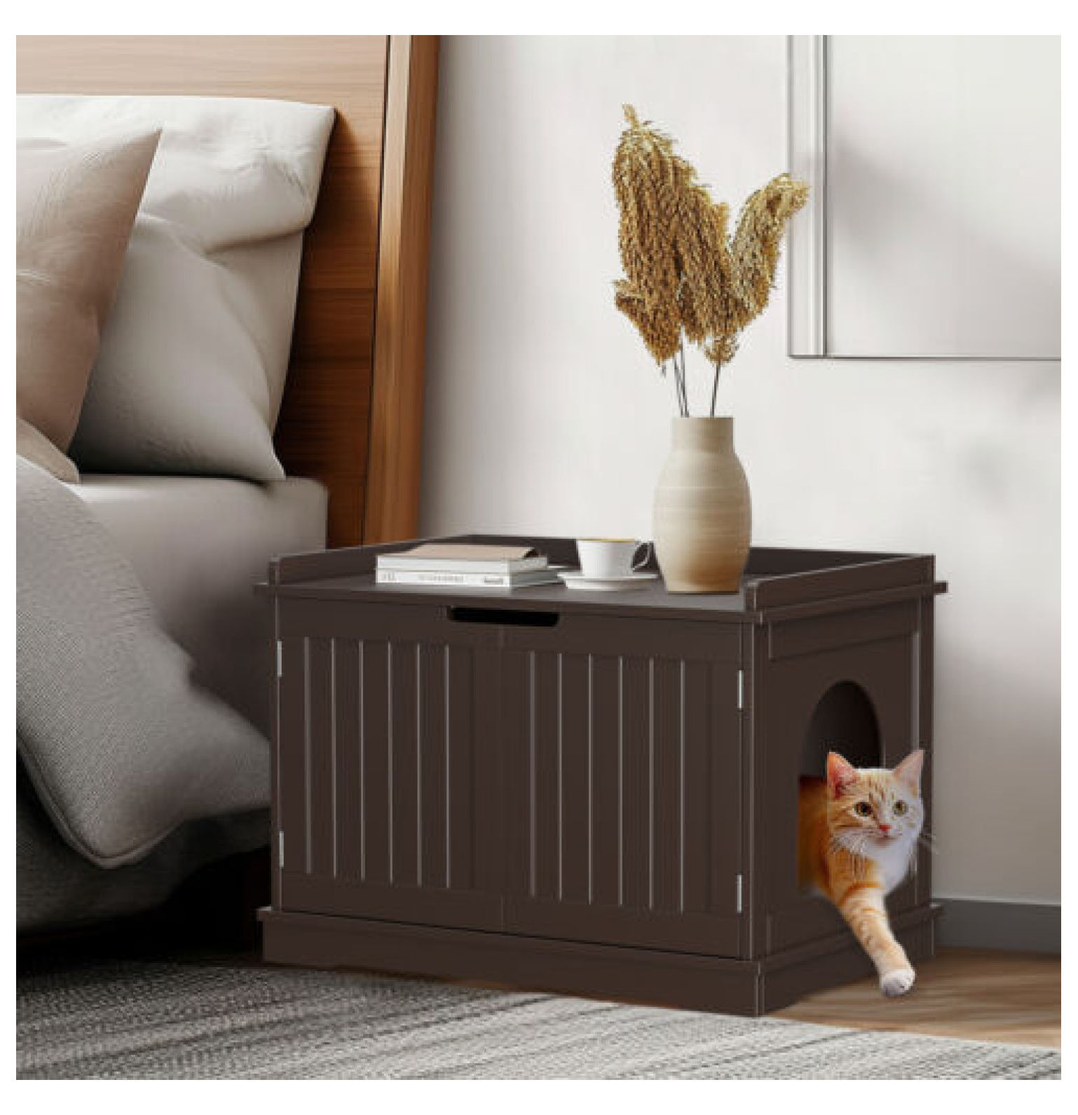 YANFEN Wooden Cat Litter Box Enclosure Enclosed Cat House Side Table Cat Washroom Brown ...