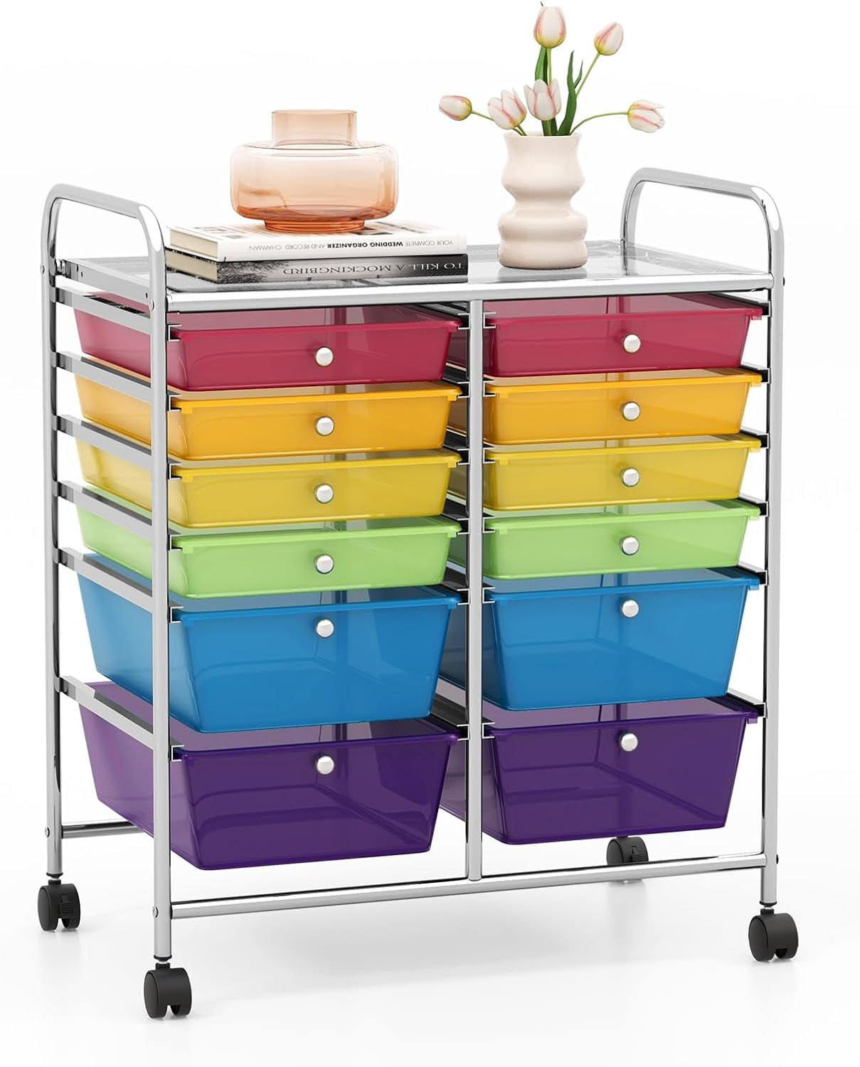 YANG2 12-Drawer Rolling Storage Cart, Multipurpose Organizer with 2 Sizes Plastic Drawers ...
