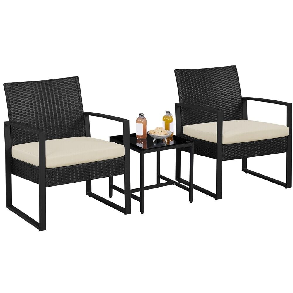 YANG2，3-Piece Patio Set Rattan Chairs & Table Modern PE Rattan Chair for Balcony Sets，Black ...